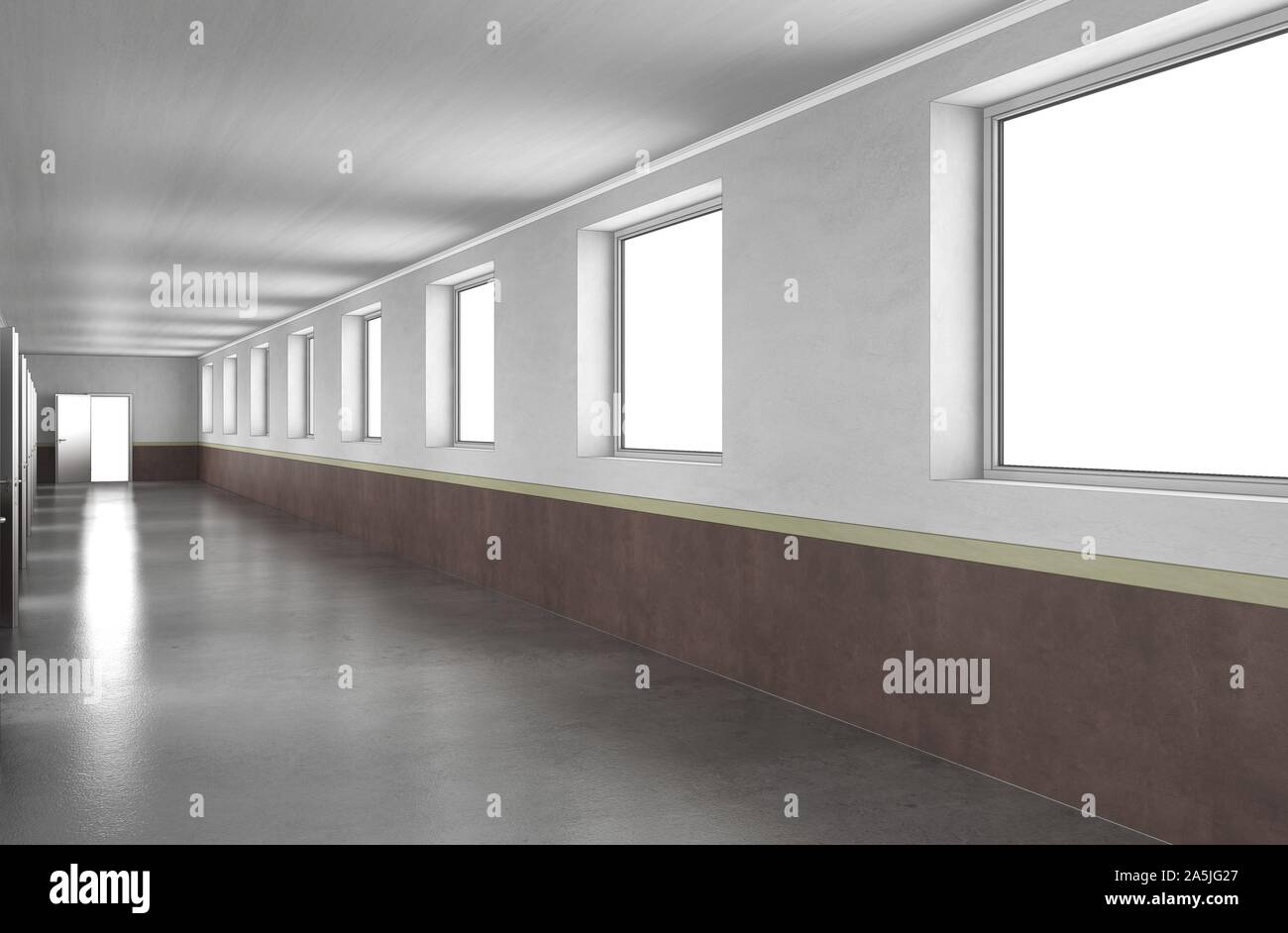 long corridor with doors, interior visualization, 3D illustration Stock ...