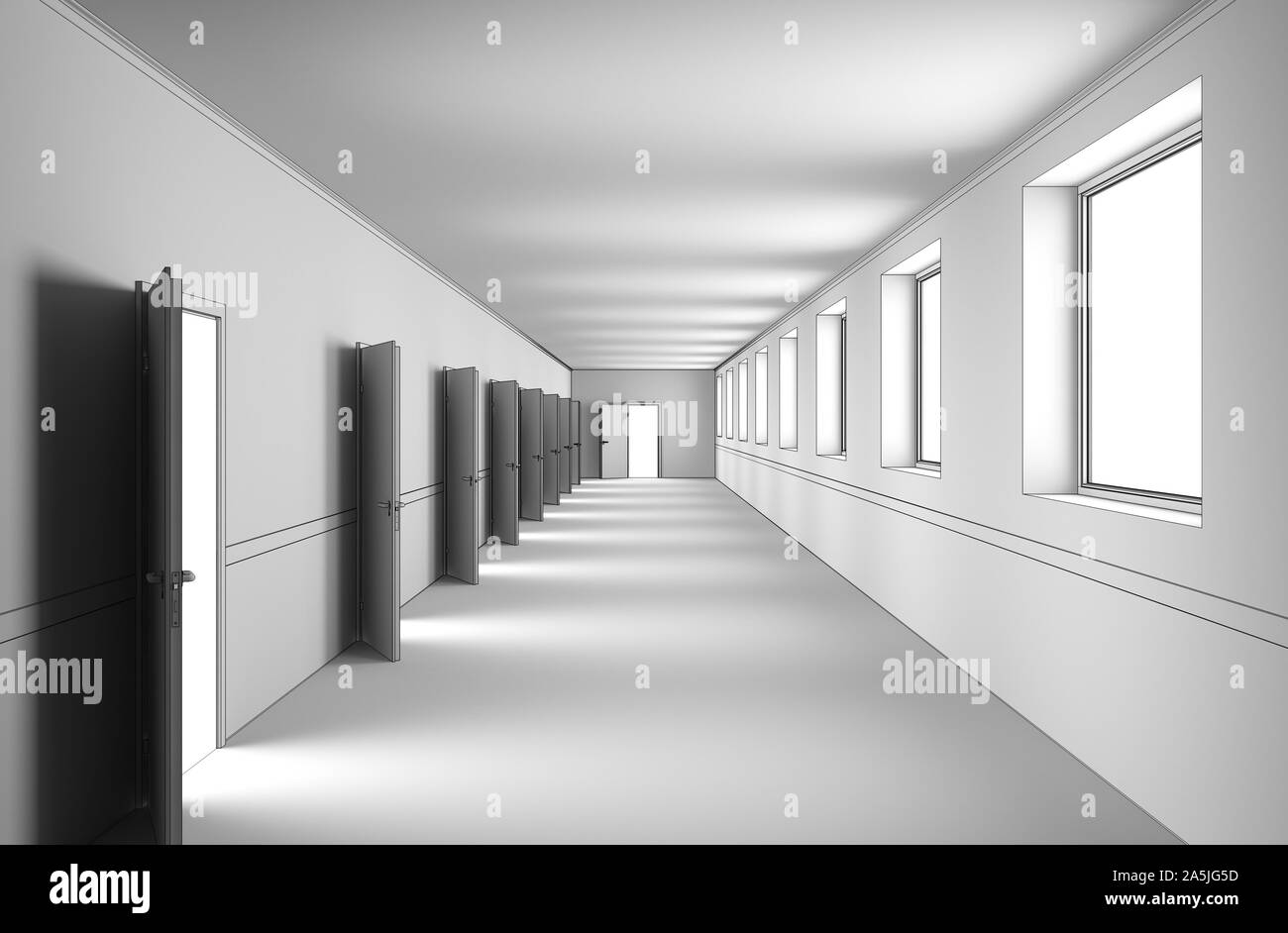 long corridor with doors, interior visualization, 3D illustration Stock ...