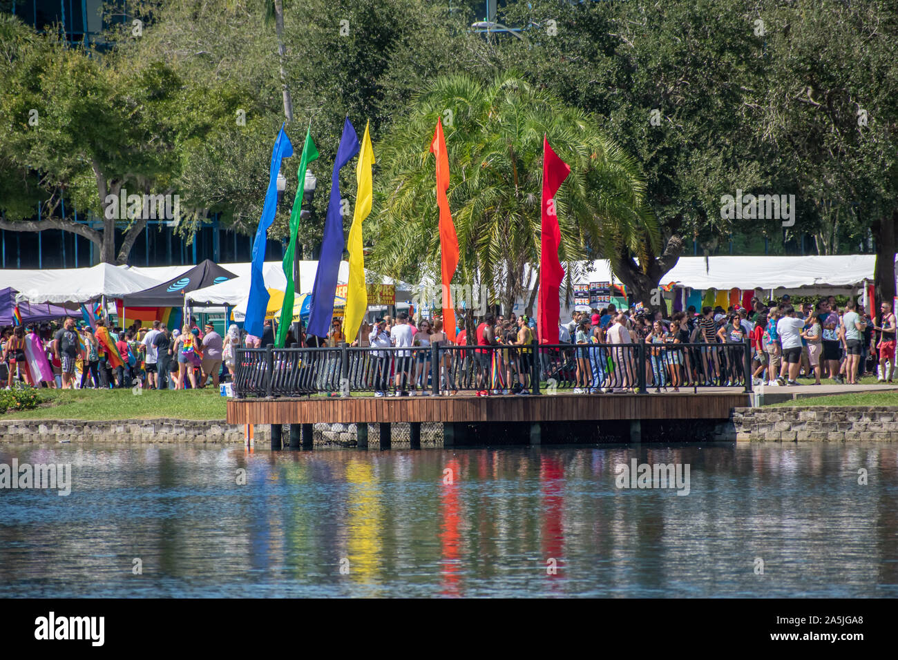 Orlando, Florida. October 12, 2019. Colorful flags in dock side on Come ...
