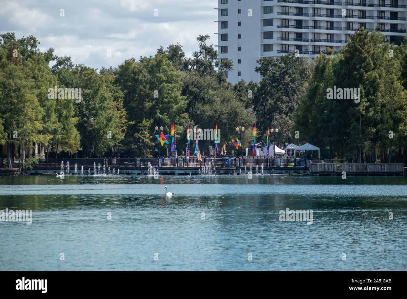 Orlando, Florida. October 12, 2019. Colorful flags in dock side on Come ...