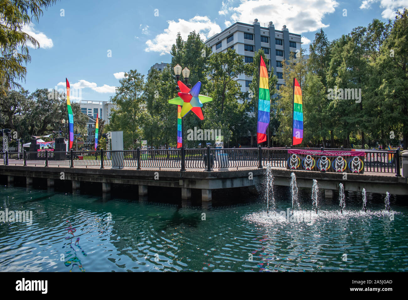 Orlando, Florida. October 12, 2019. Colorful flags in dock side on Come ...