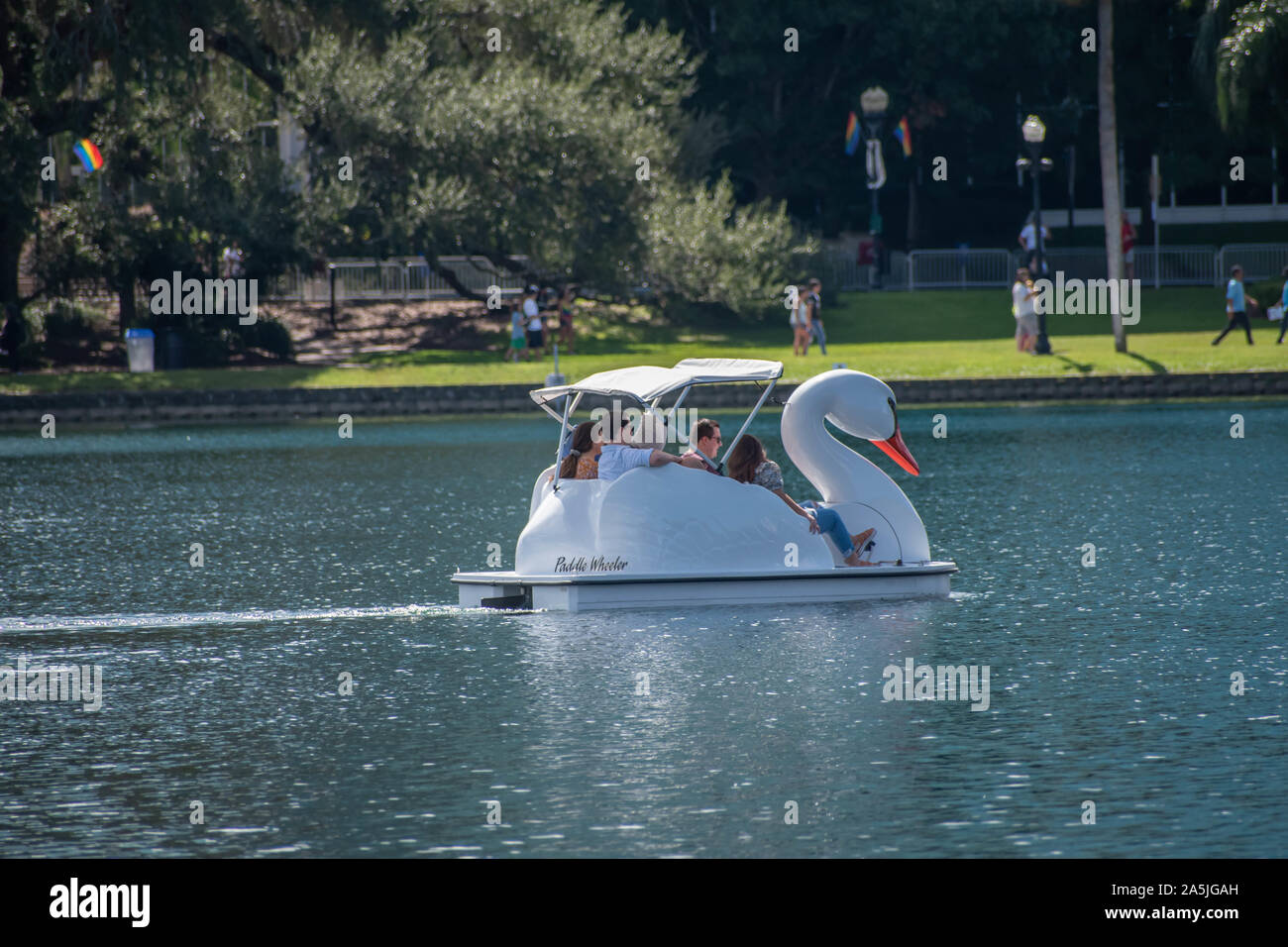 Orlando, Florida. October 12, 2019. Friends having fun swan boat in ...