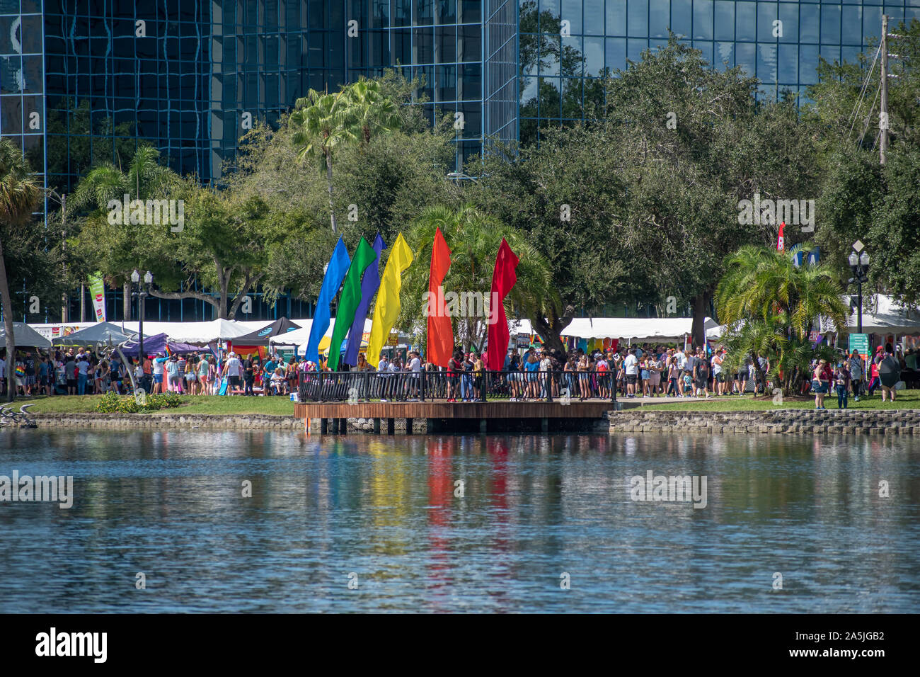 Orlando, Florida. October 12, 2019. Colorful flags in dock side on Come ...