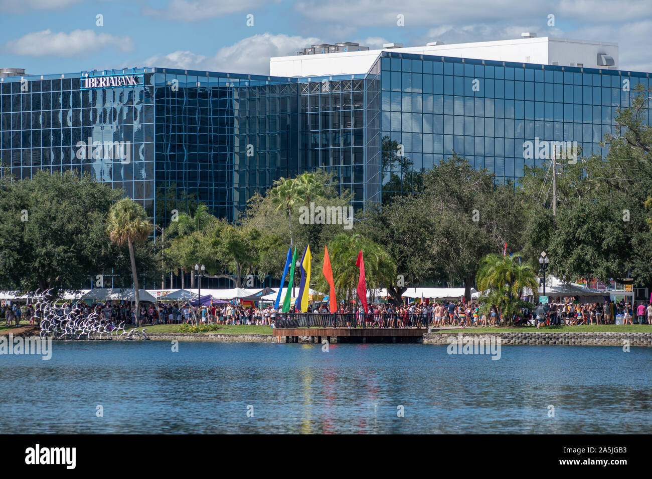 Orlando, Florida. October 12, 2019. Colorful stands and flags in dock ...