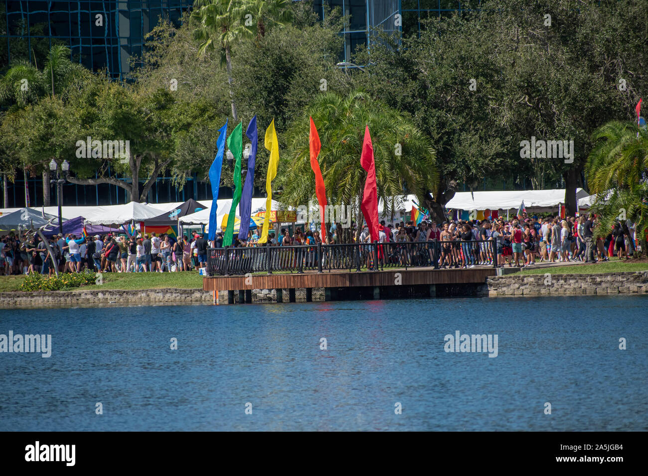 Orlando, Florida. October 12, 2019. Colorful flags in dock side on Come ...