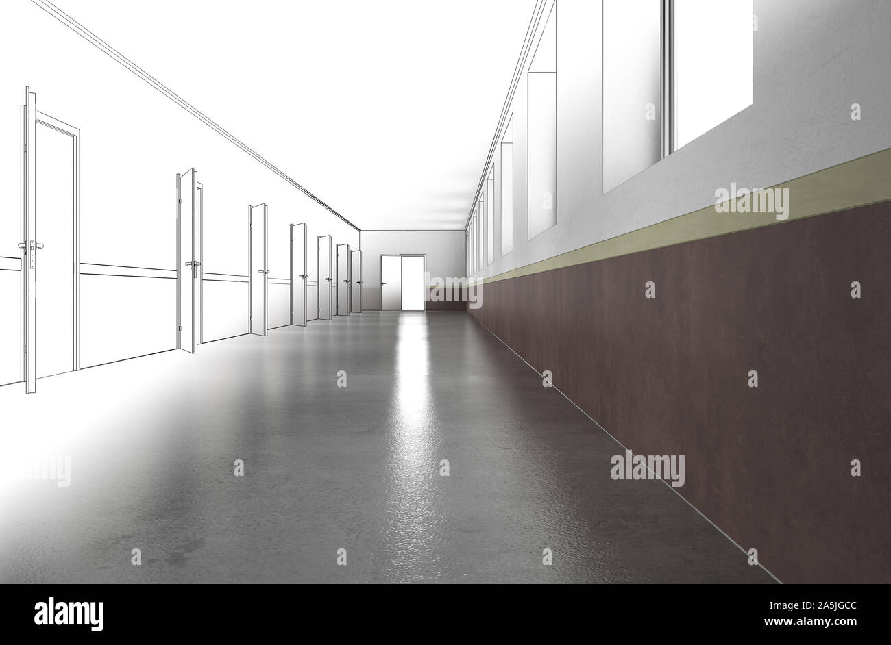 long corridor with doors, interior visualization, 3D illustration Stock ...
