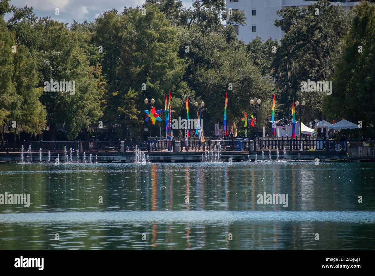 Orlando, Florida. October 12, 2019. Rainbow flags in dock side on Come ...
