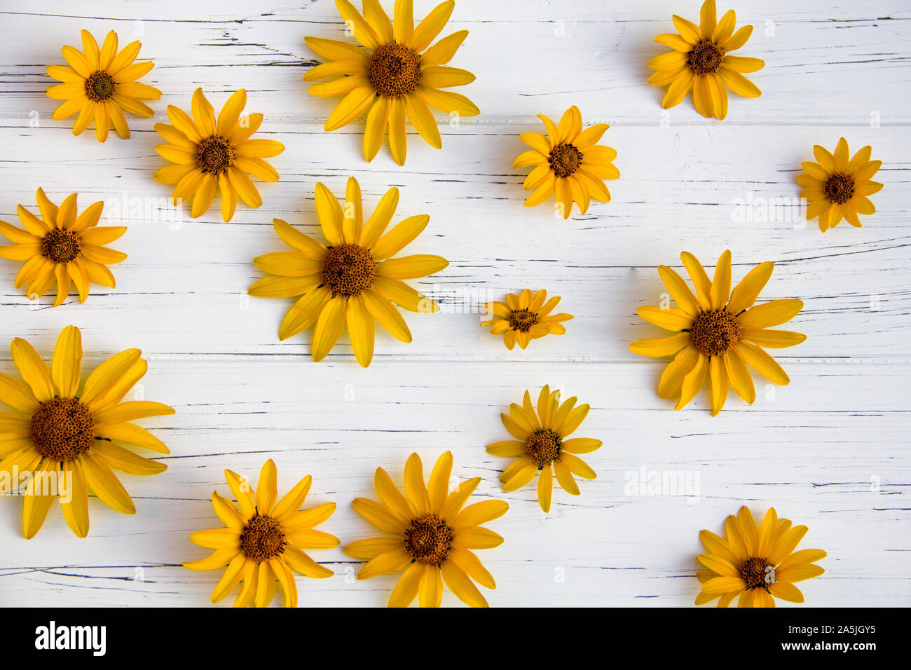 yellow flowers on a wooden light background Stock Photo - Alamy