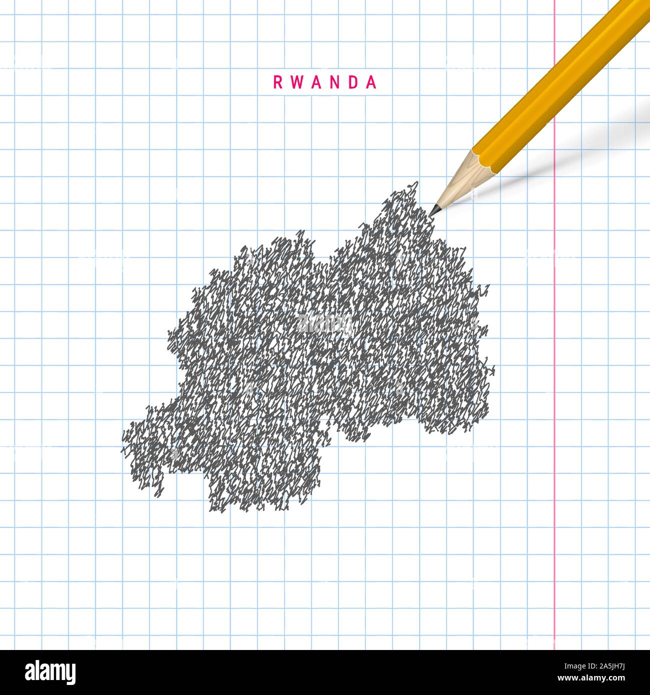 Rwanda sketch scribble map drawn on checkered school notebook paper ...