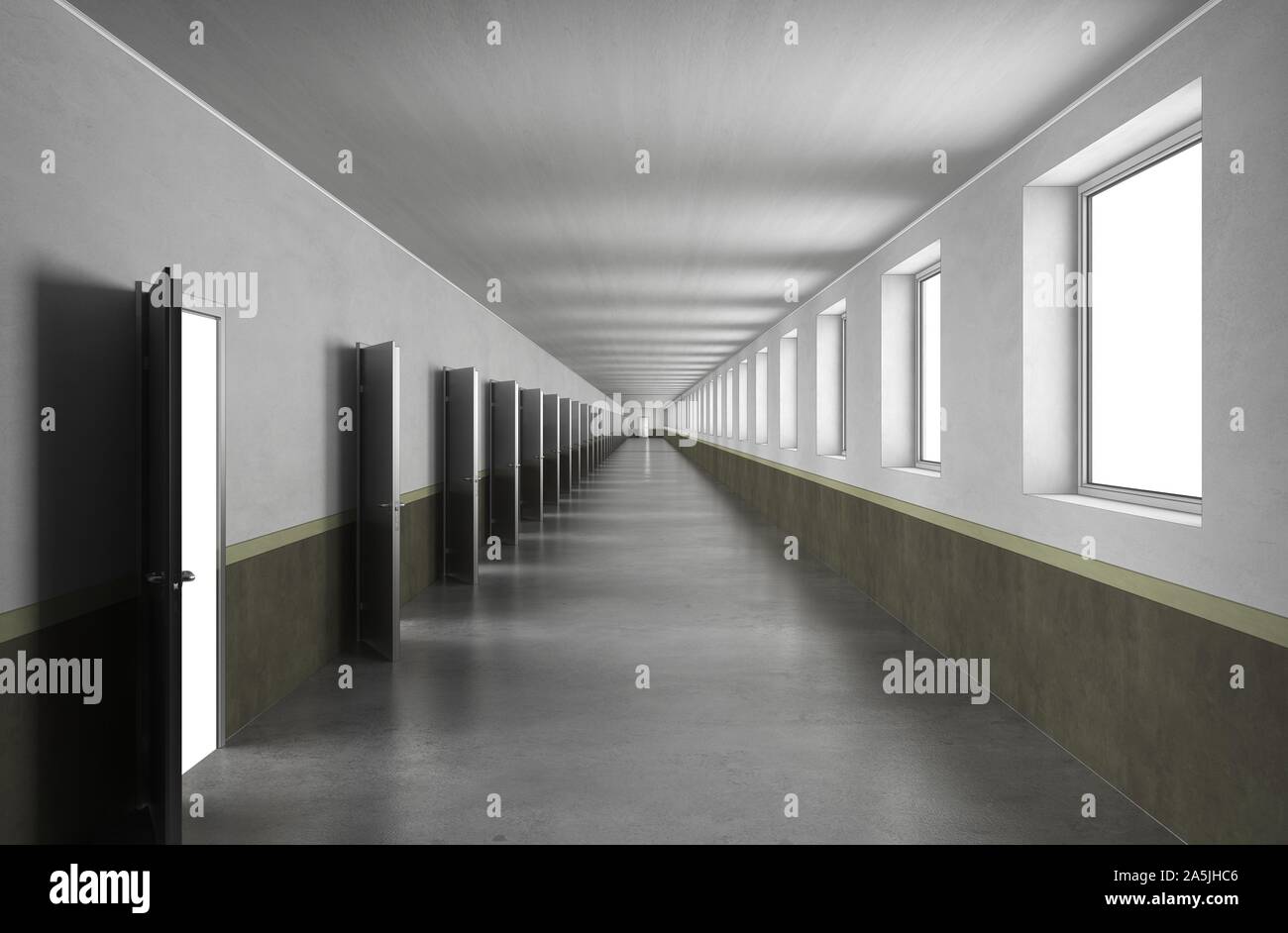 long corridor with doors, interior visualization, 3D illustration Stock ...