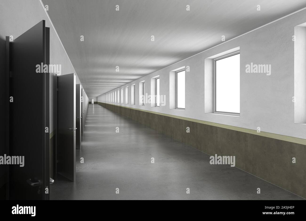 long corridor with doors, interior visualization, 3D illustration Stock ...