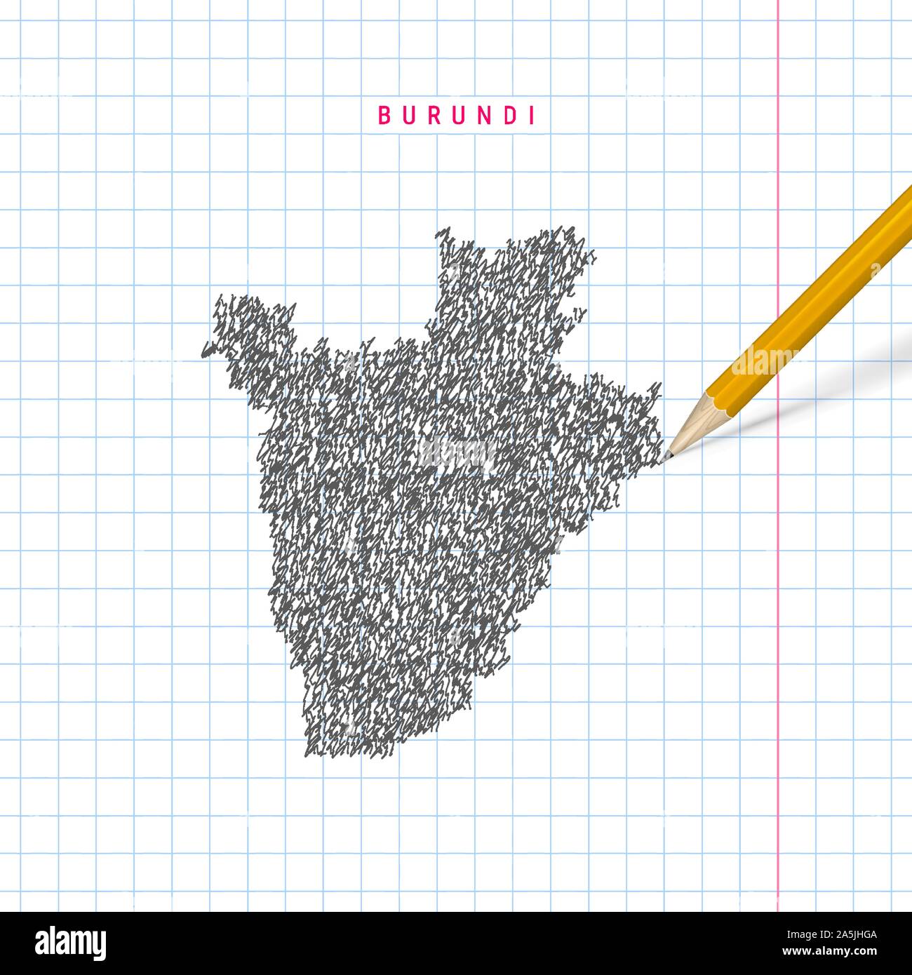 Burundi sketch scribble map drawn on checkered school notebook paper ...