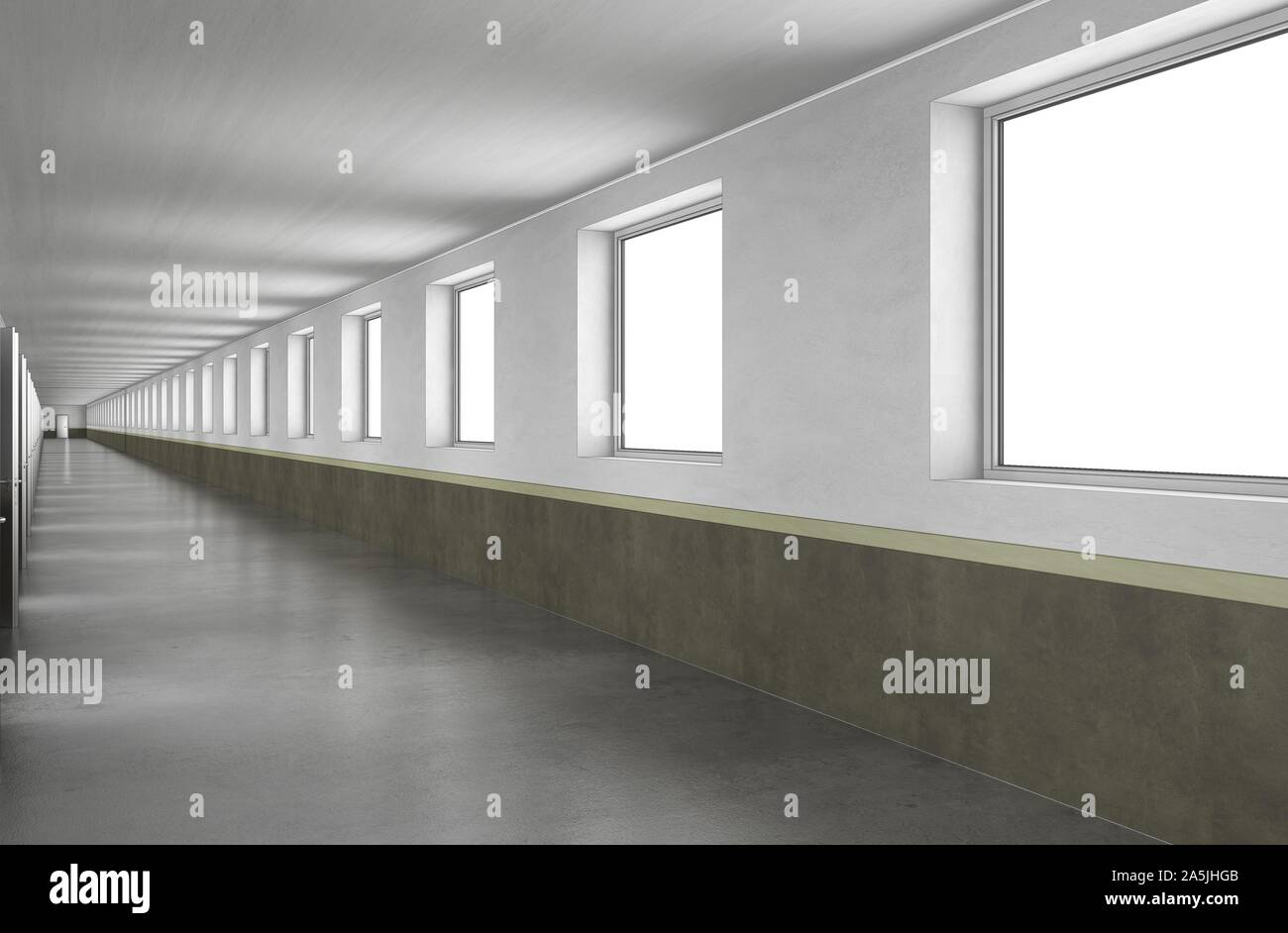 long corridor with doors, interior visualization, 3D illustration Stock ...