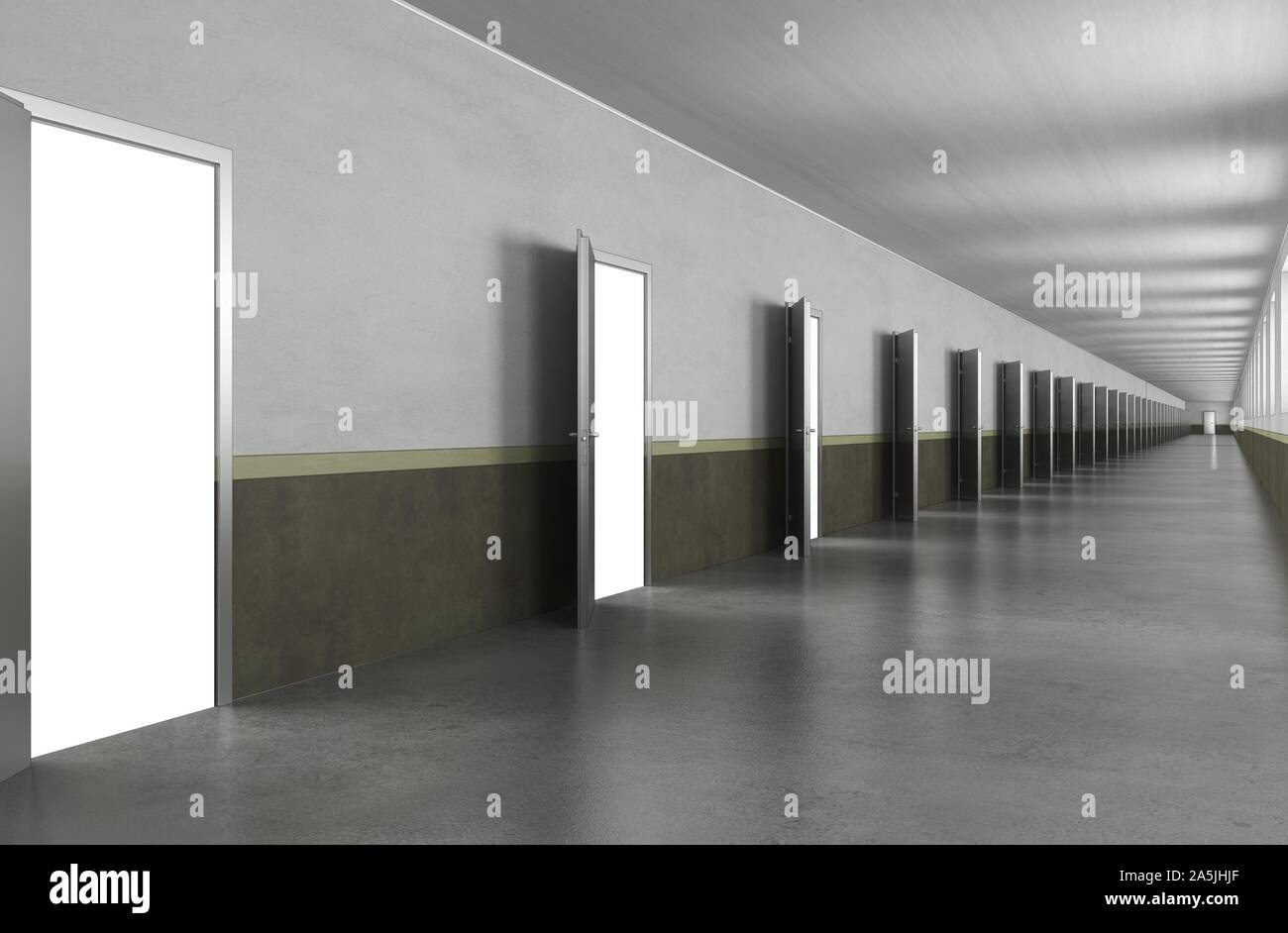 long corridor with doors, interior visualization, 3D illustration Stock ...