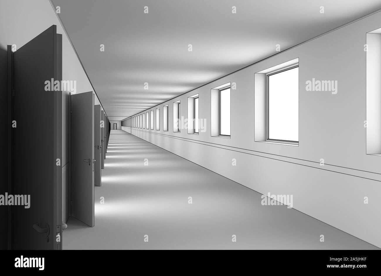 long corridor with doors, interior visualization, 3D illustration Stock ...