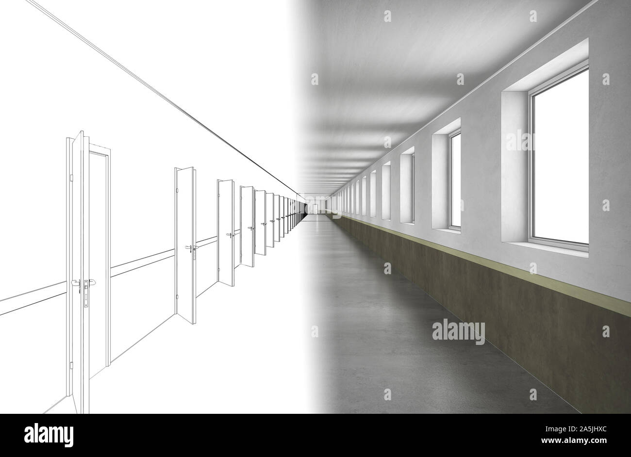 long corridor with doors, interior visualization, 3D illustration Stock ...