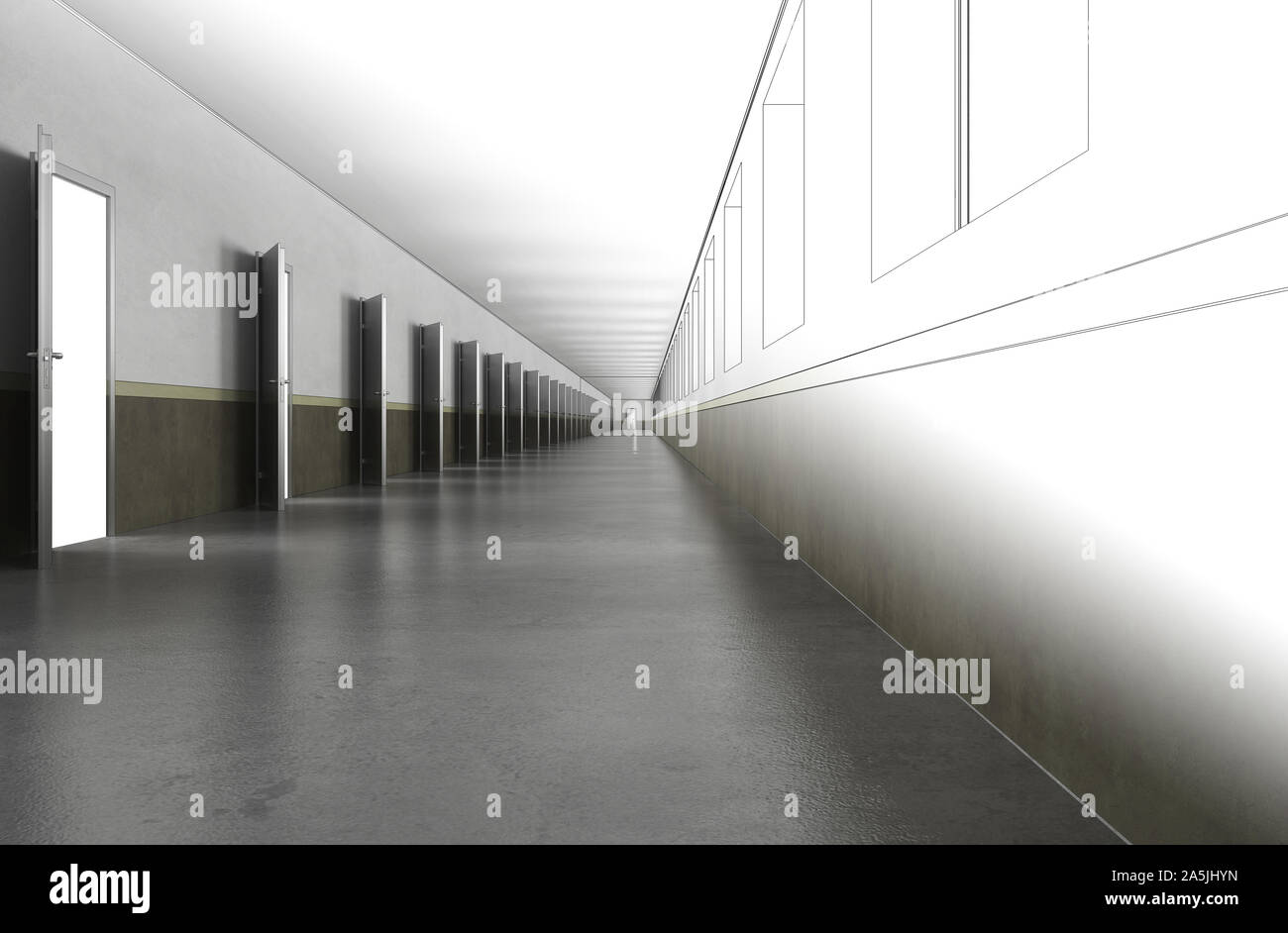 long corridor with doors, interior visualization, 3D illustration Stock ...