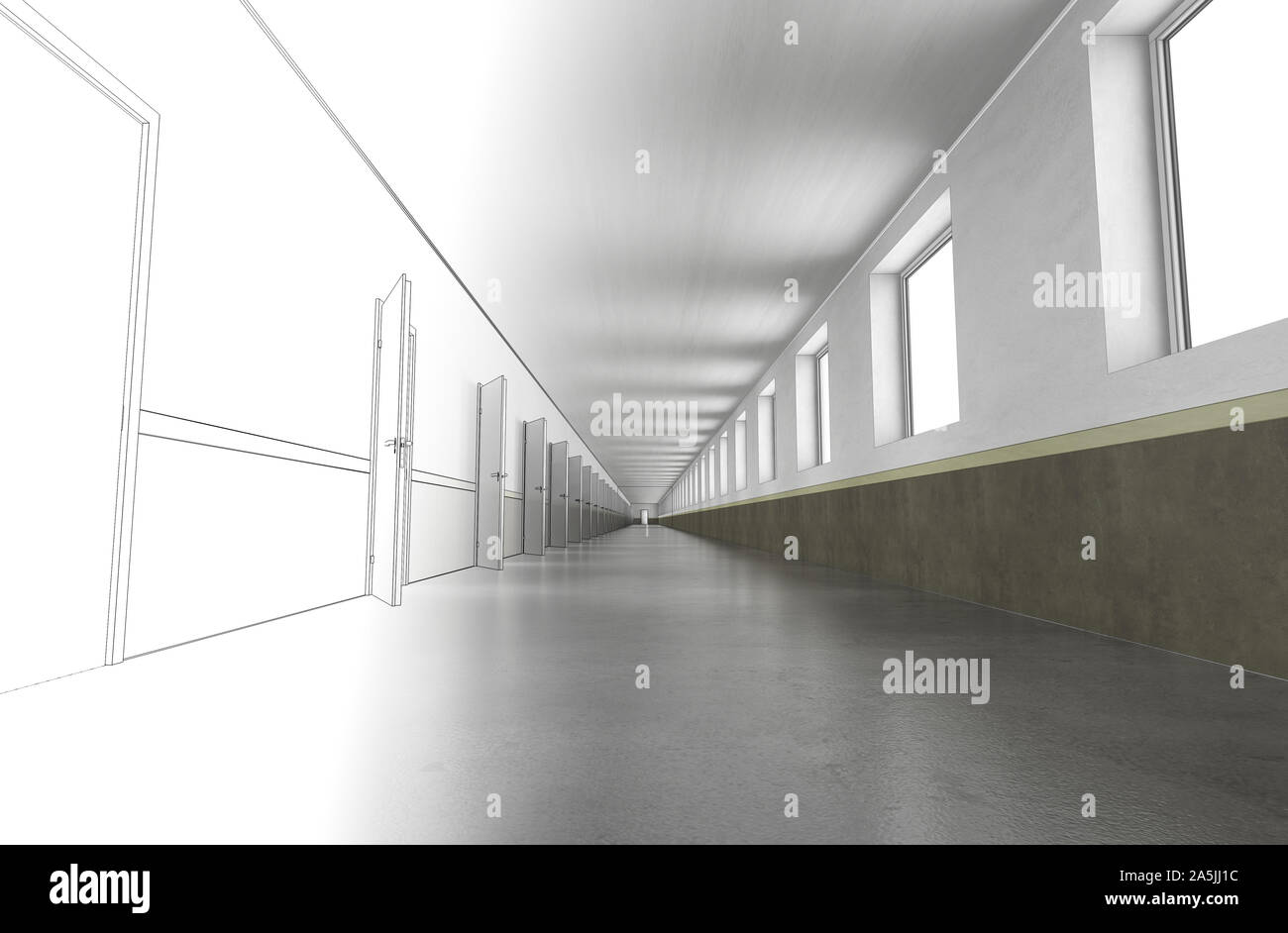 long corridor with doors, interior visualization, 3D illustration Stock ...