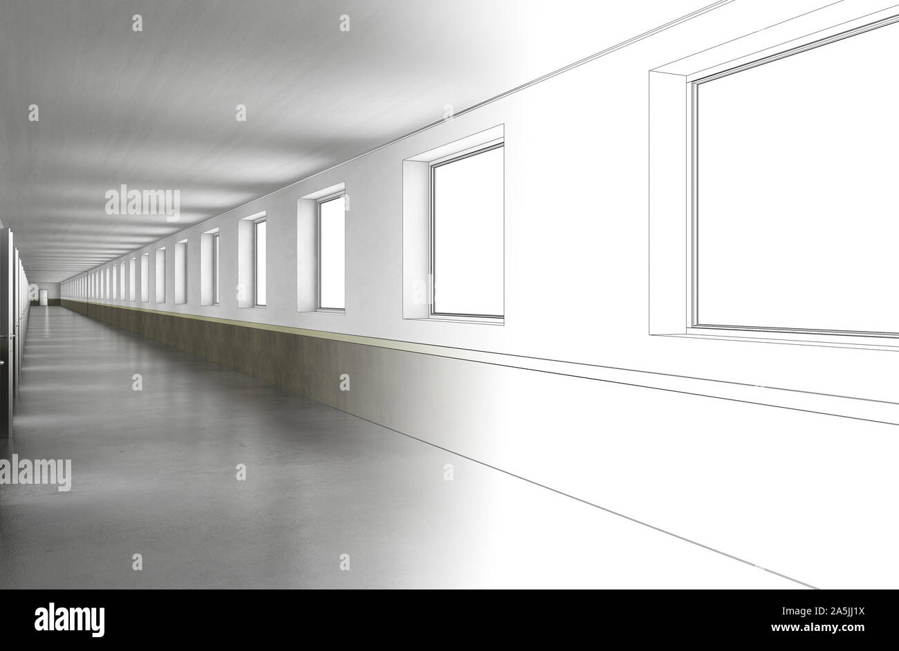 long corridor with doors, interior visualization, 3D illustration Stock ...