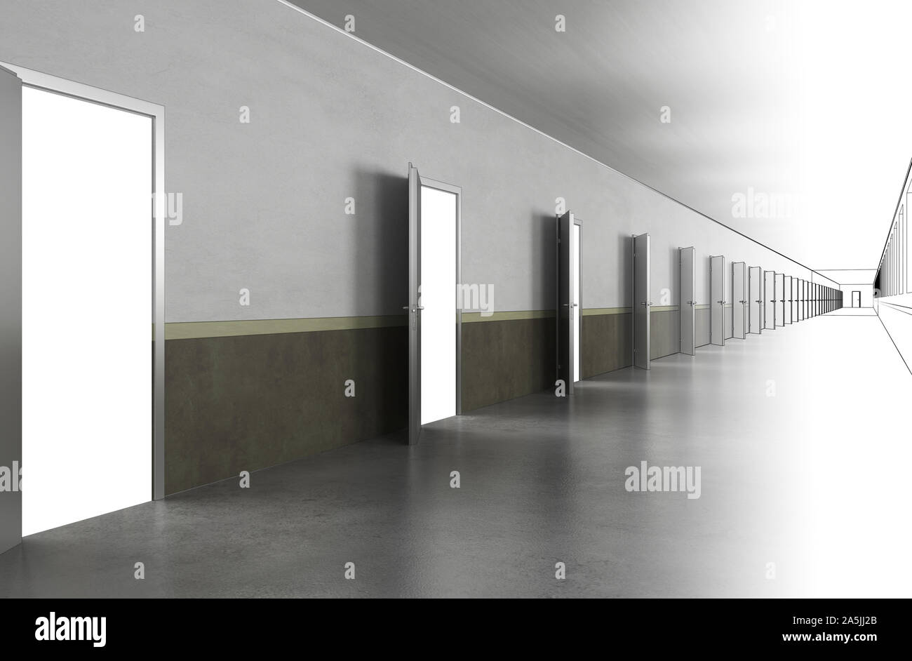 long corridor with doors, interior visualization, 3D illustration Stock ...