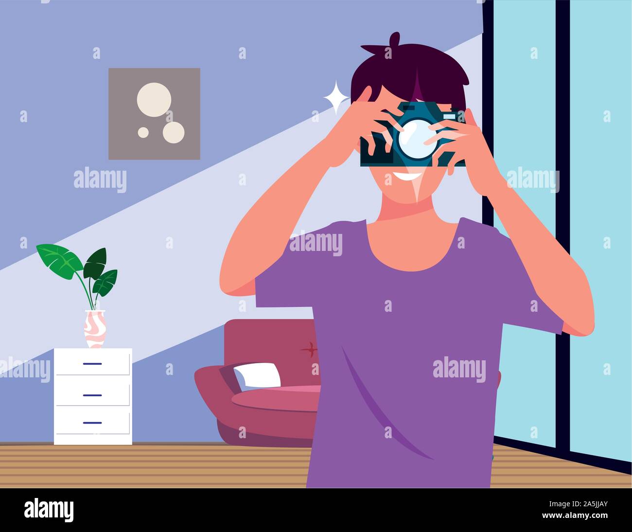 man with photographic camera in the living room vector illustration ...
