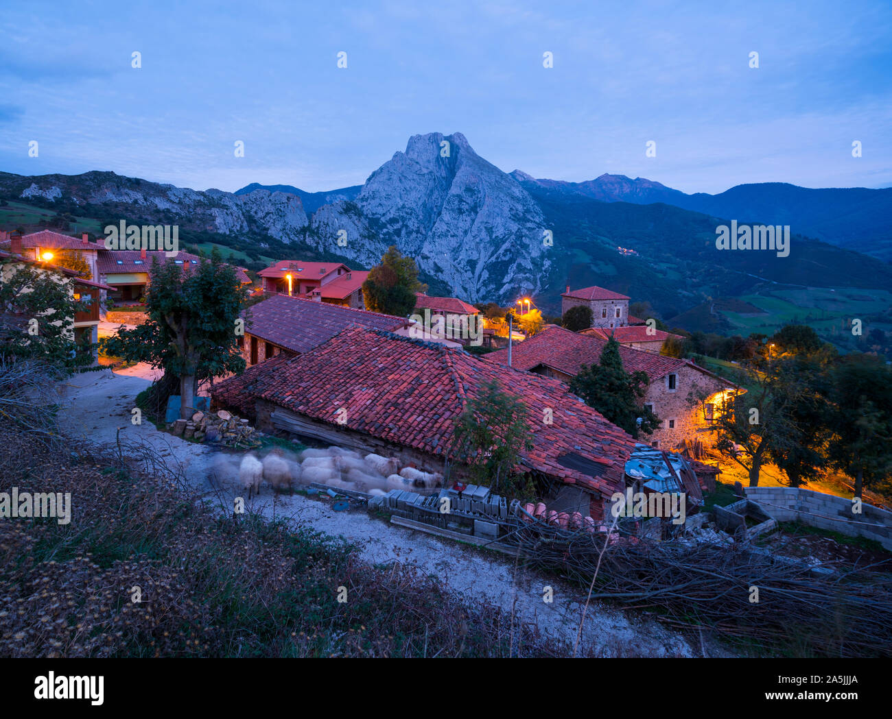 Pendes village and Peña Ventosa peak, Liébana Valley, Cantabria, Spain ...