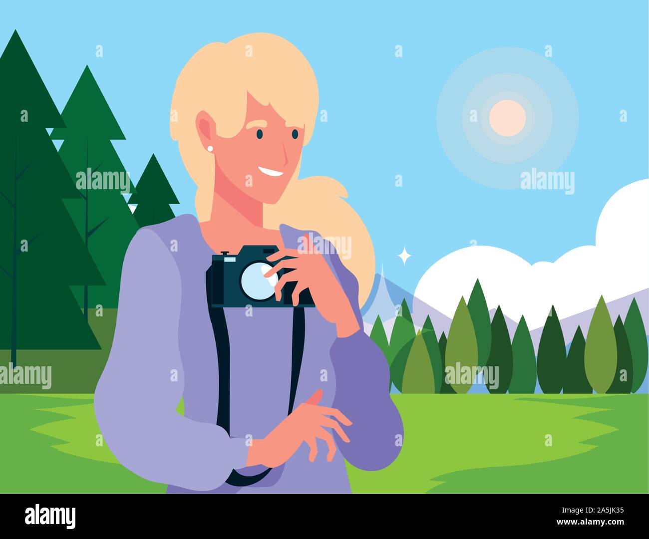 woman taking a photo with background landscape vector illustration ...