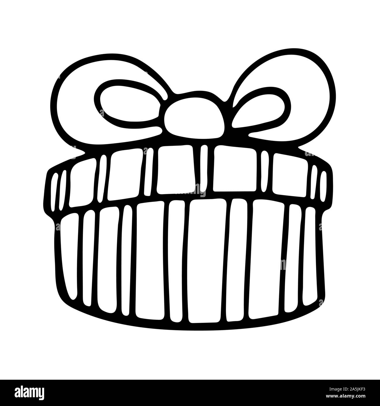 Vector hand drawn outline illustration of round Christmas gift box ...