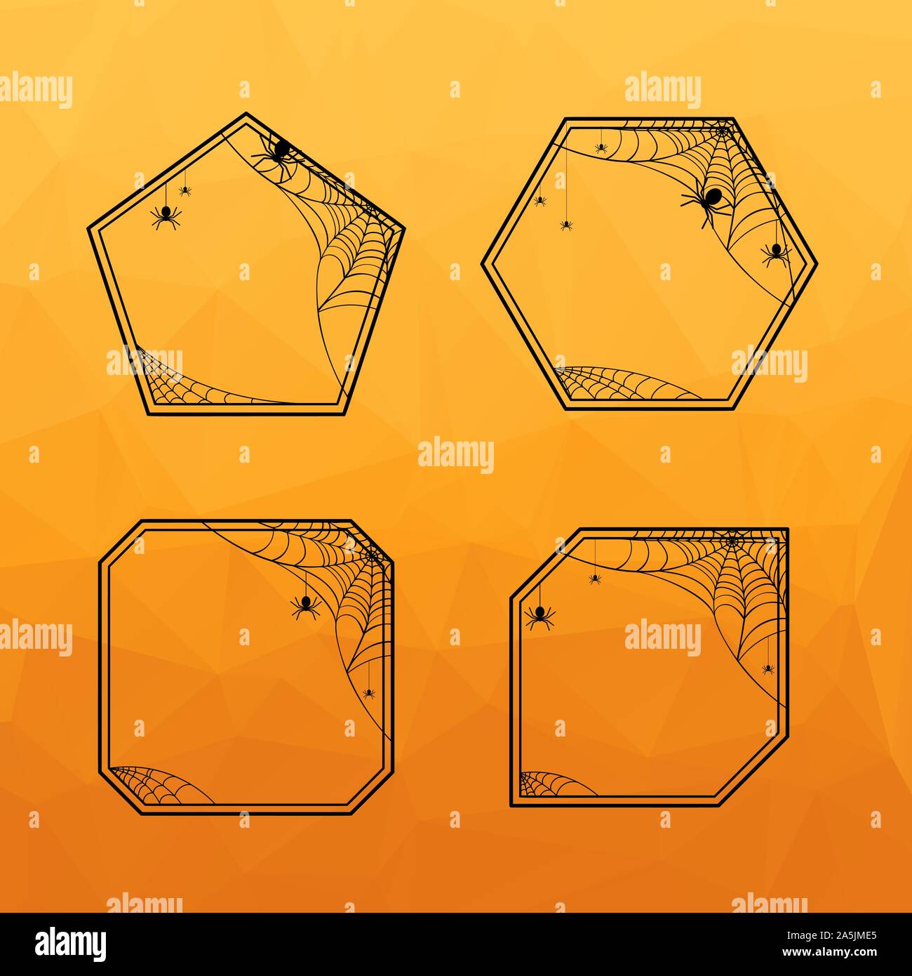 Halloween Geometric Frames set with spiderweb, hanging spiders sitting ...
