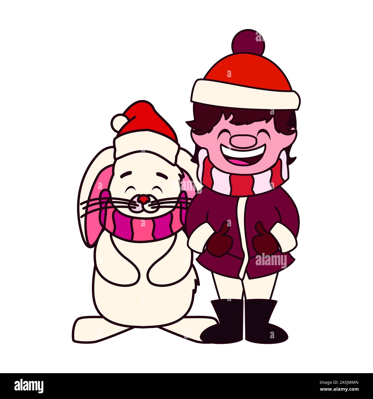 boy and rabbit with hat and scarf in white background vector ...