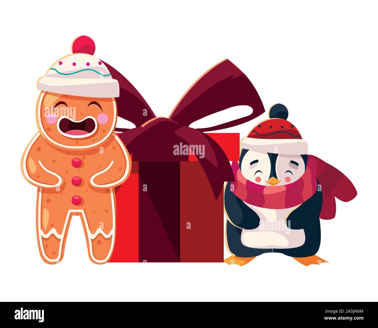 penguin and gingerbread man with gift box on white background vector ...