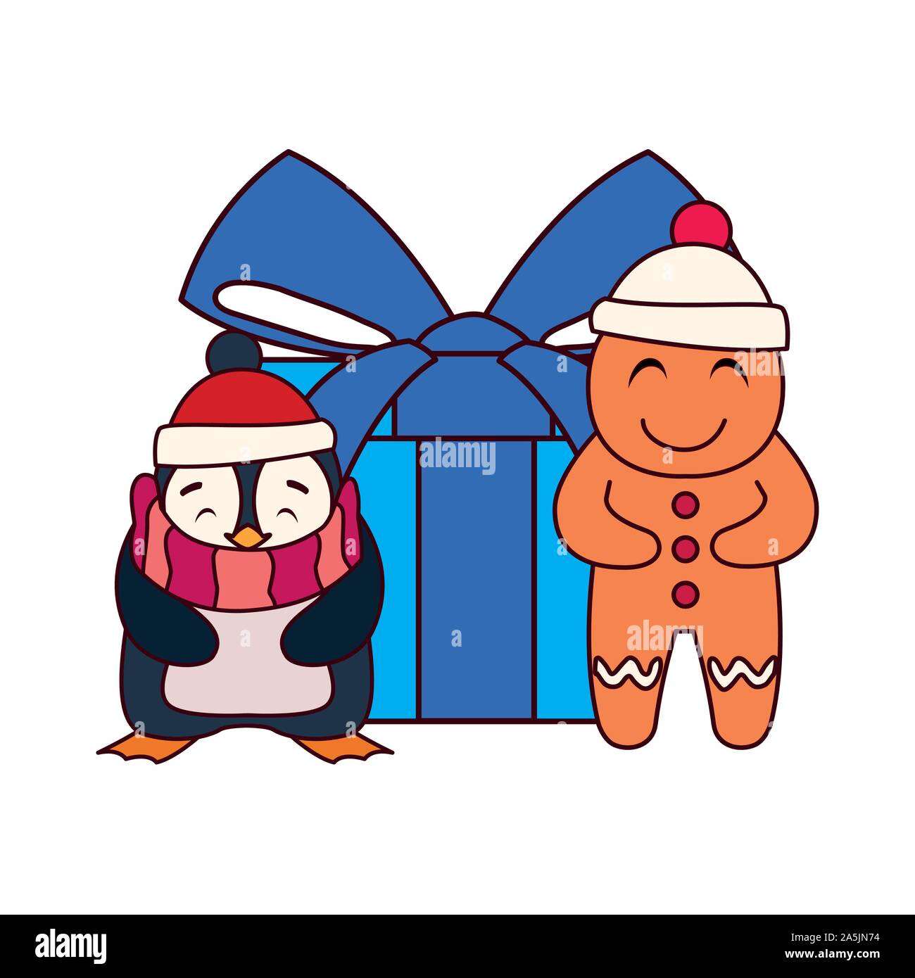 penguin and gingerbread man with gift box on white background vector ...