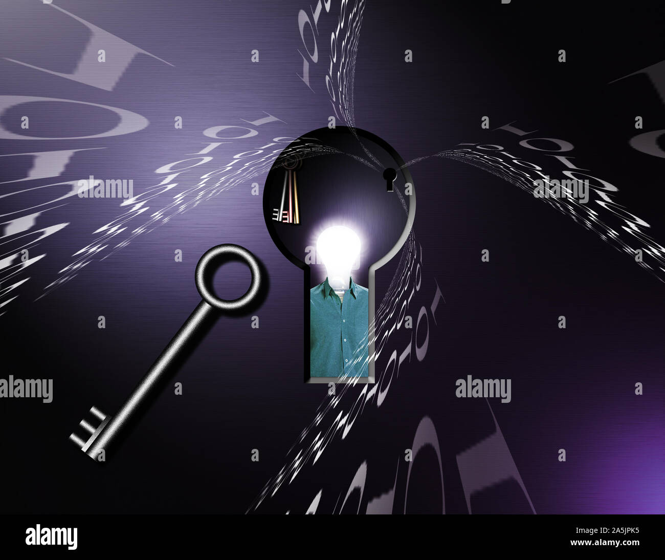 Binary code flows to keyhole. Metal key Stock Photo - Alamy
