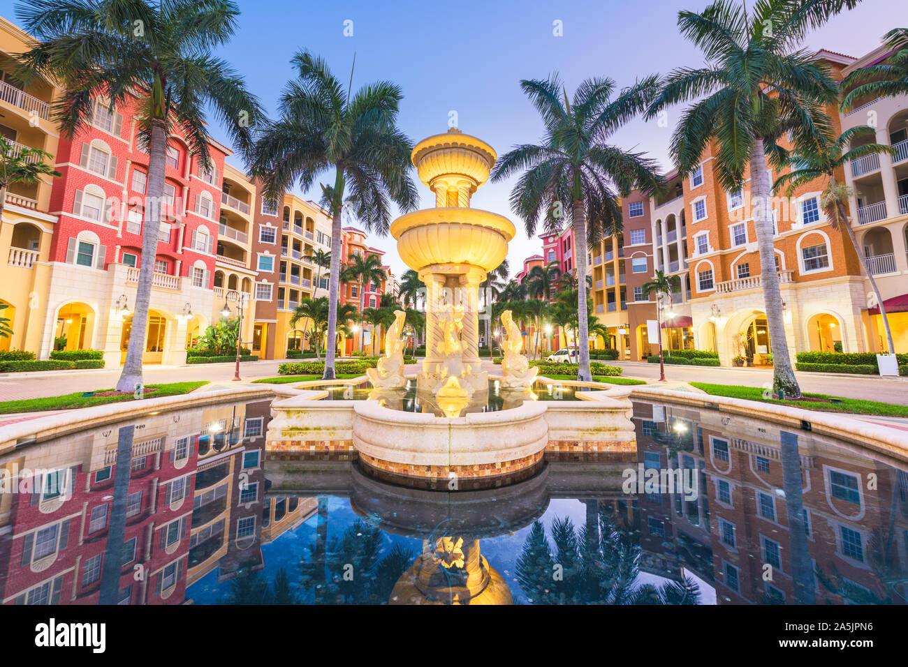 Naples, Florida, USA town skyline and city plaza at twilight Stock ...