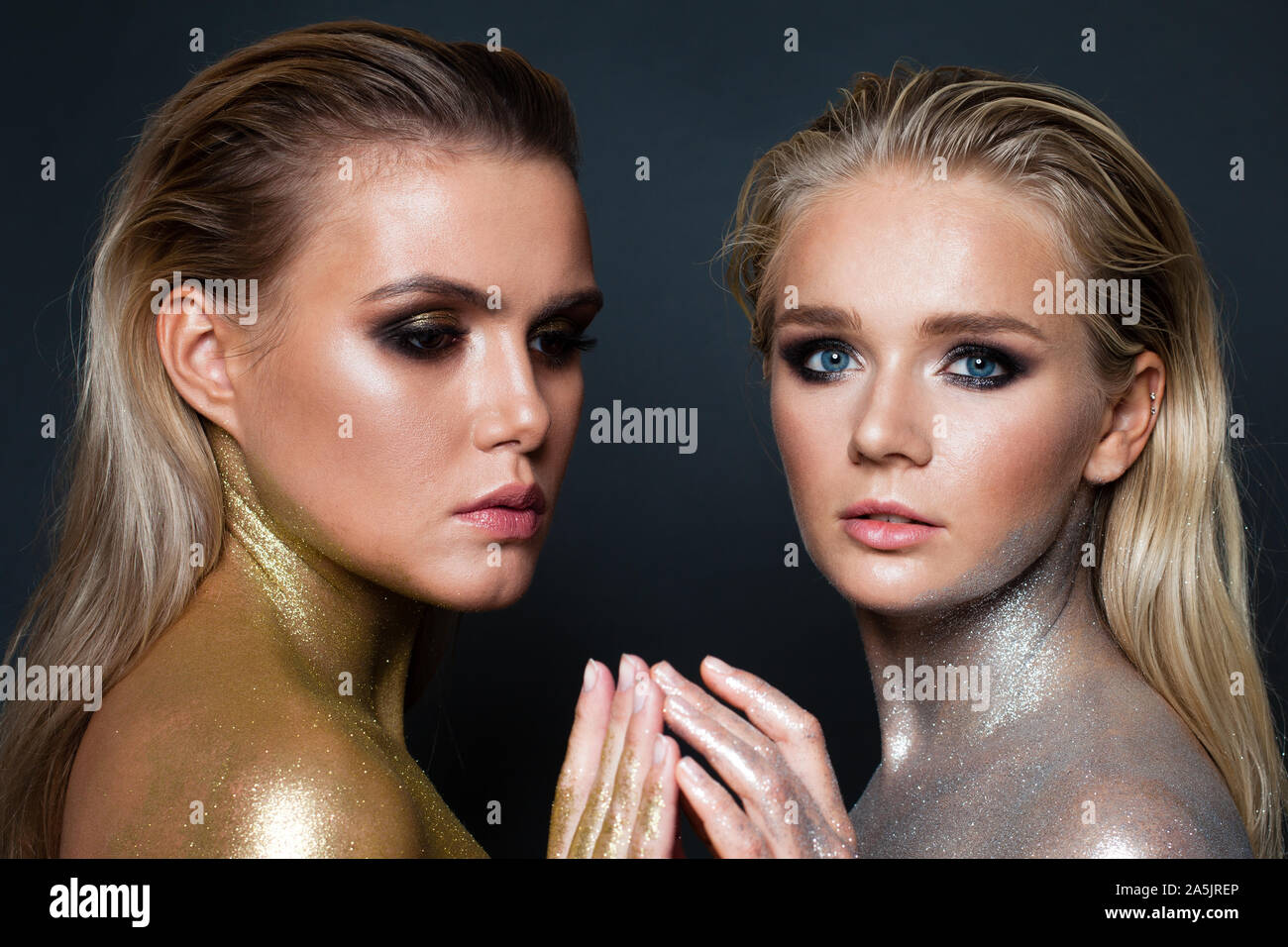 Pretty women face close up. Skin with golden glitter sparkles ...
