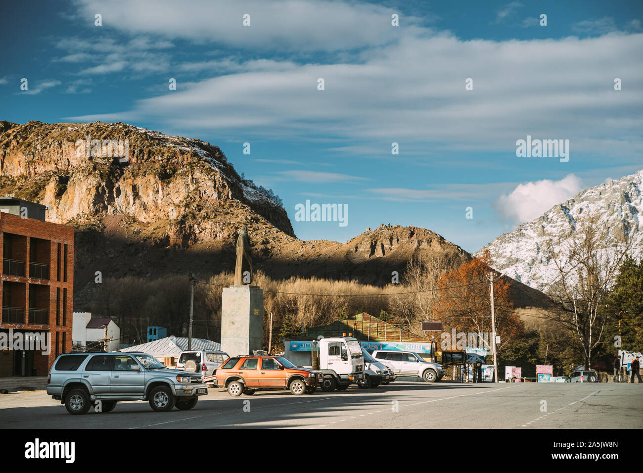 Stepantsminda, Georgia - November 11, 2018: Cars Parked On Main Square ...