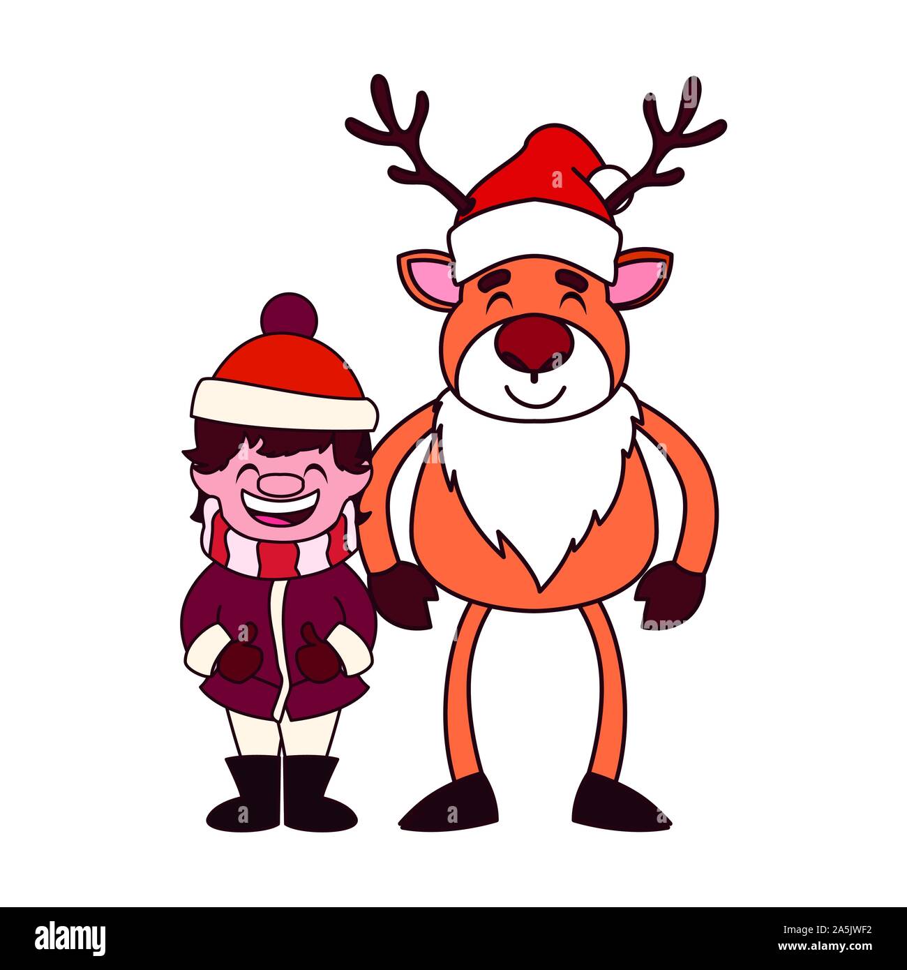 boy and reindeer with hat and scarf in white background vector ...