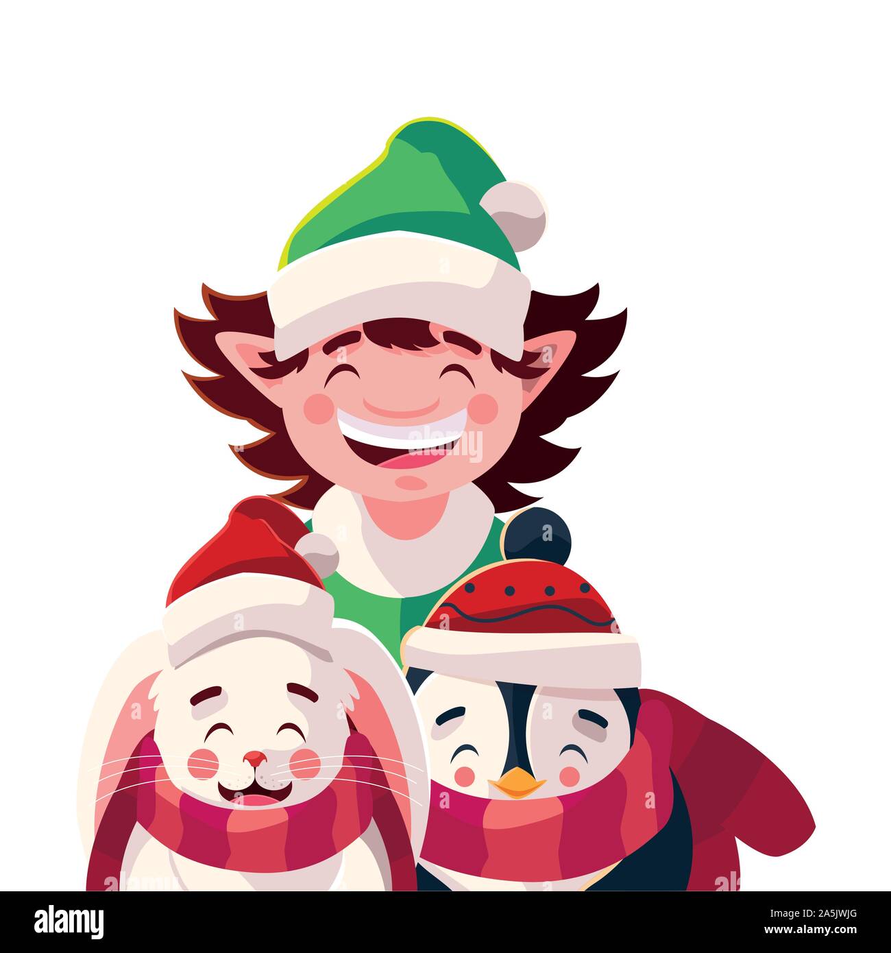 card of christmas with elf and animals in white background vector ...
