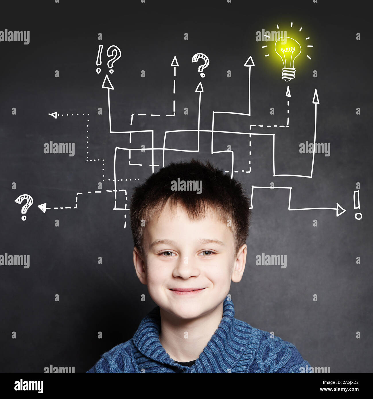 Smiling boy with question signs and light idea bulb, education concept ...