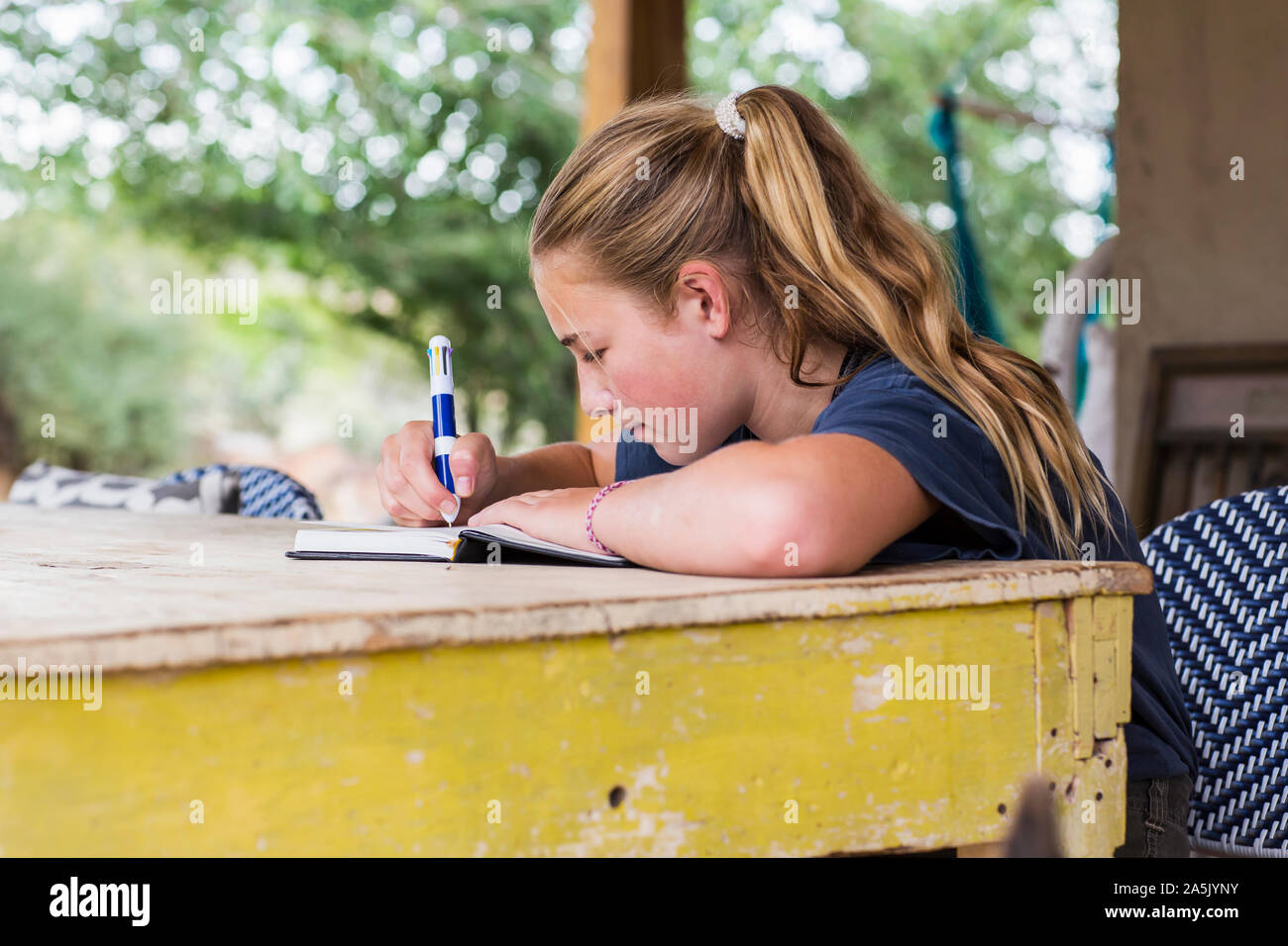 13 year old girl reading and writing in her diary Stock Photo - Alamy