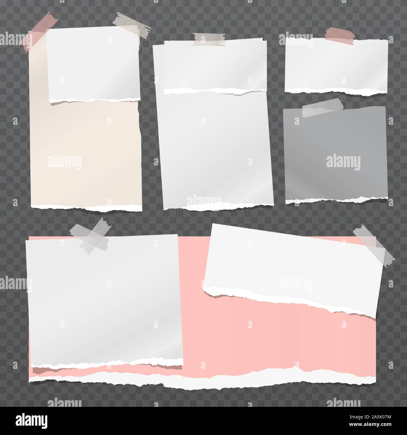 Torn white and colorful note, notebook paper pieces stuck with sticky ...