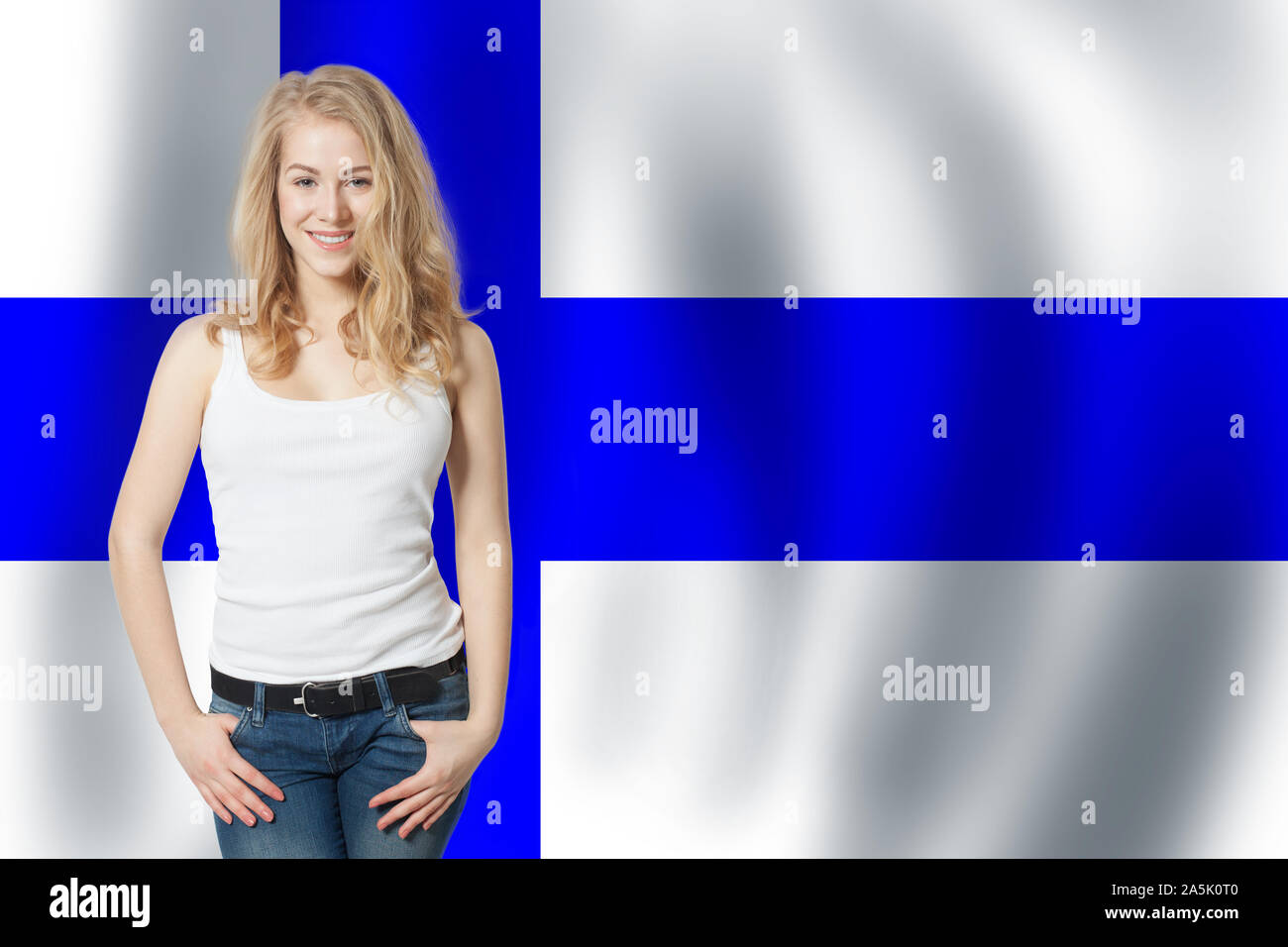 Finland. Young cute happy woman with Finnish flag background Stock ...