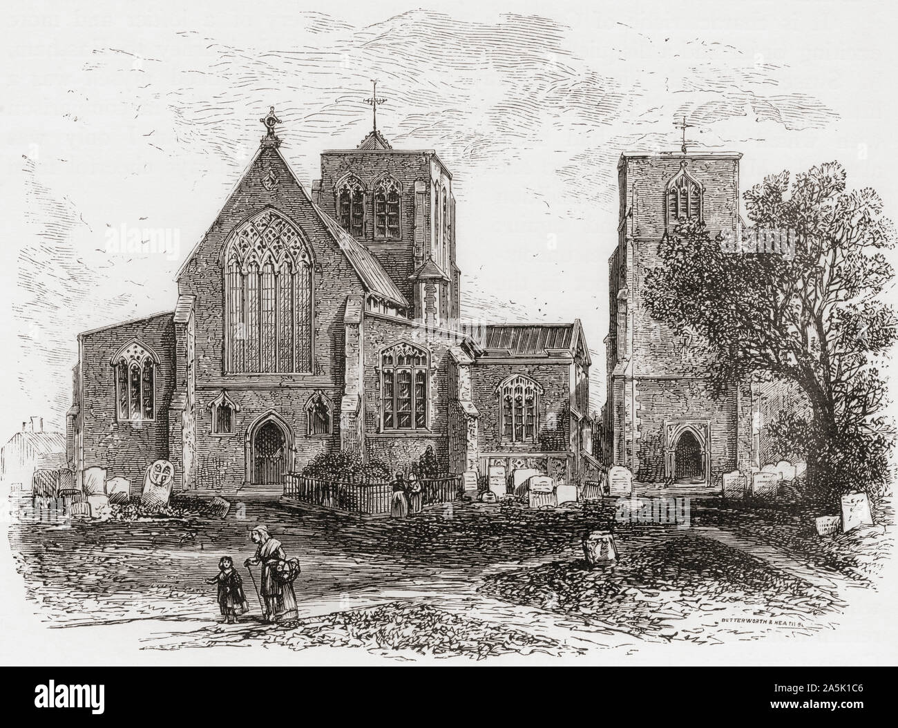 Church of St Nicholas, Dereham, Norfolk, England, seen here in the 19th century. The churchyard ...
