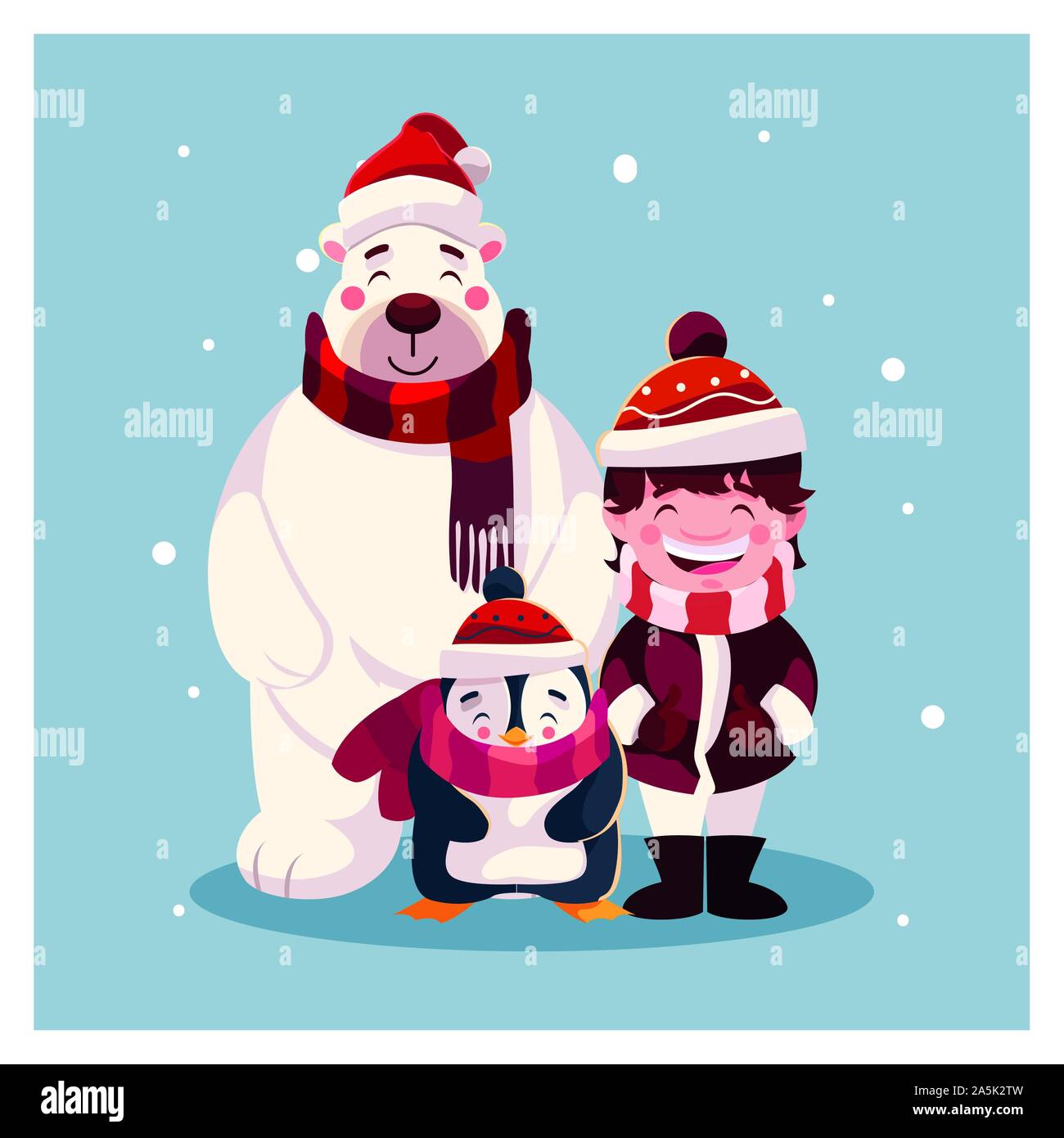 boy with penguin and rabbit in winter landscape vector illustration ...