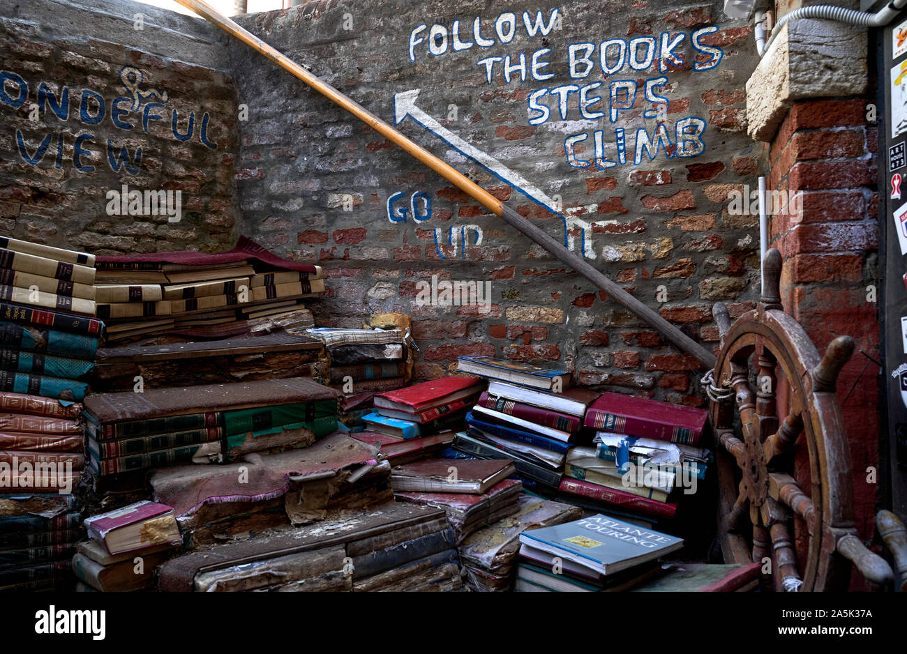 The book steps consisting of water damaged books in the bookshop ...