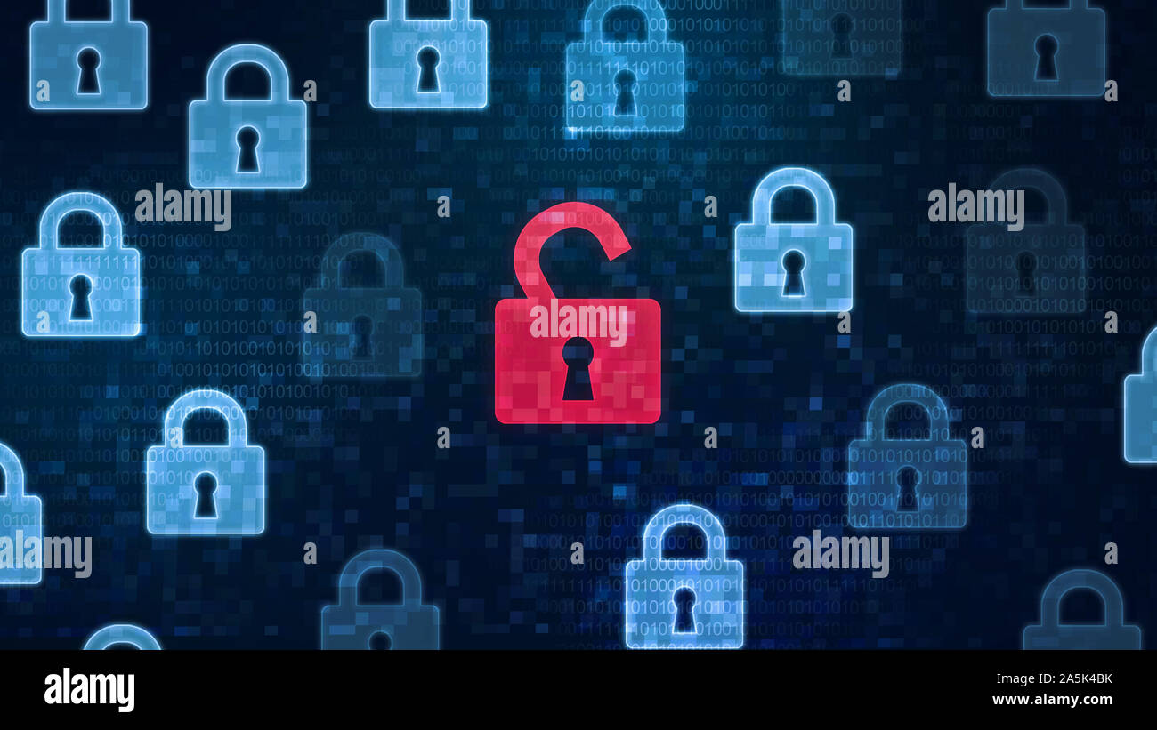 Red open padlock icon among closed padlocks on digital screen Stock ...