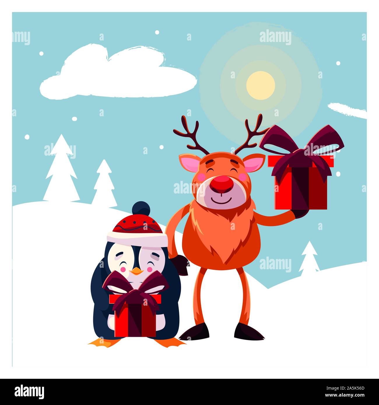 reindeer and penguin with gift box in winter landscape vector ...