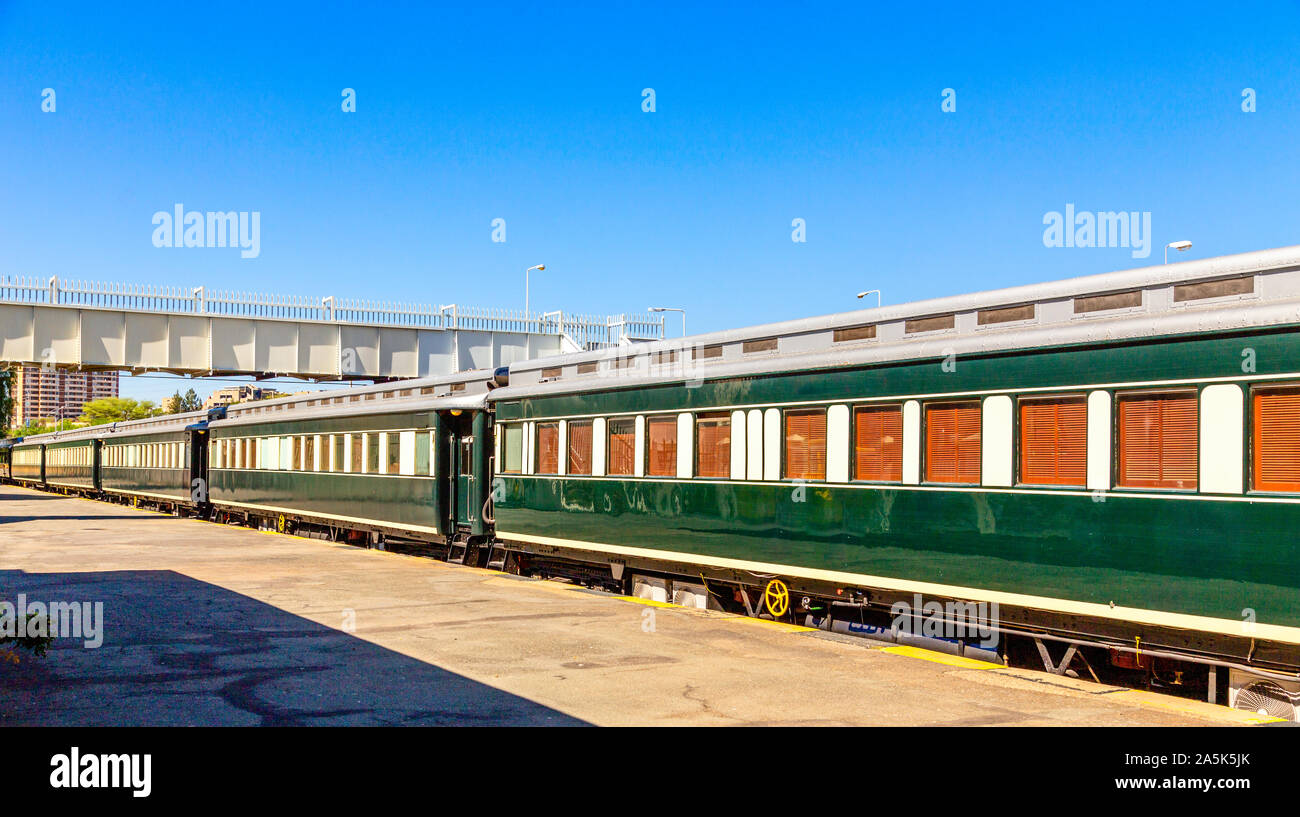 Namibian passenger train standing on the rails ready for departure ...