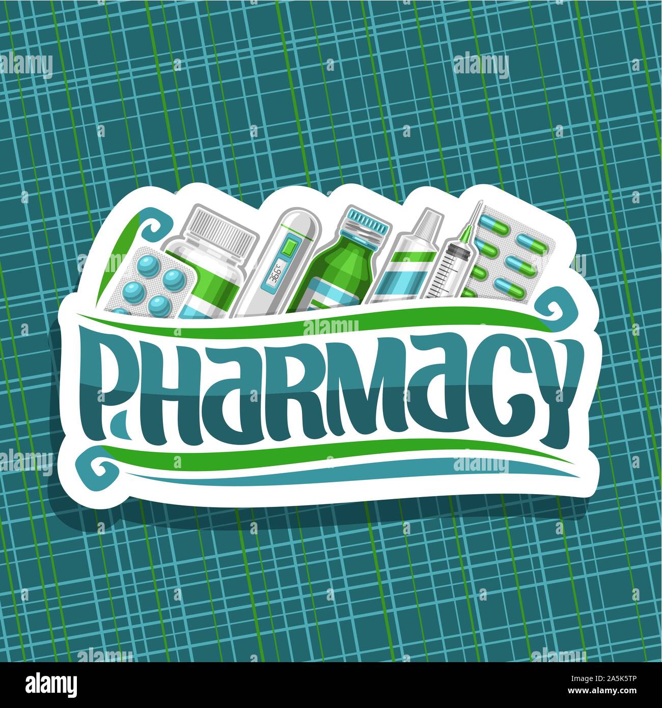 Vector logo for Pharmacy, cut paper sign with green container, digital ...