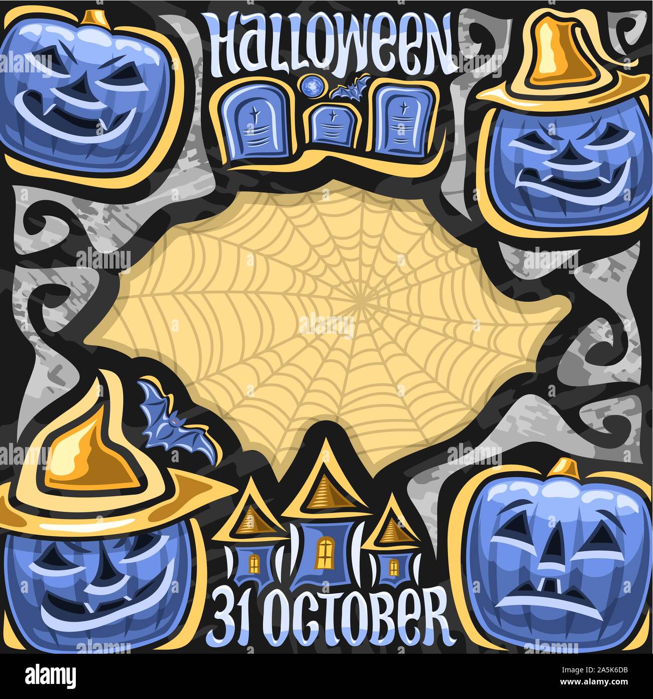 Vector poster for Halloween holiday, blue carved pumpkins, moon and bat ...